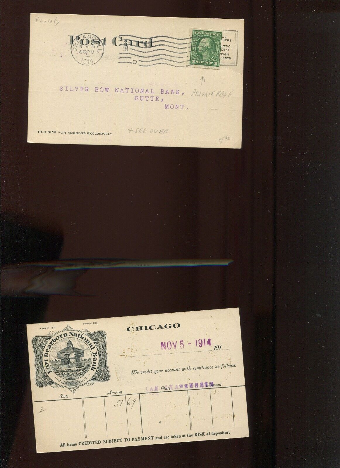 408 Schermack Vending Coil Stamp on 1914 FORT DEARBORN BANK LEDGER CARD ...