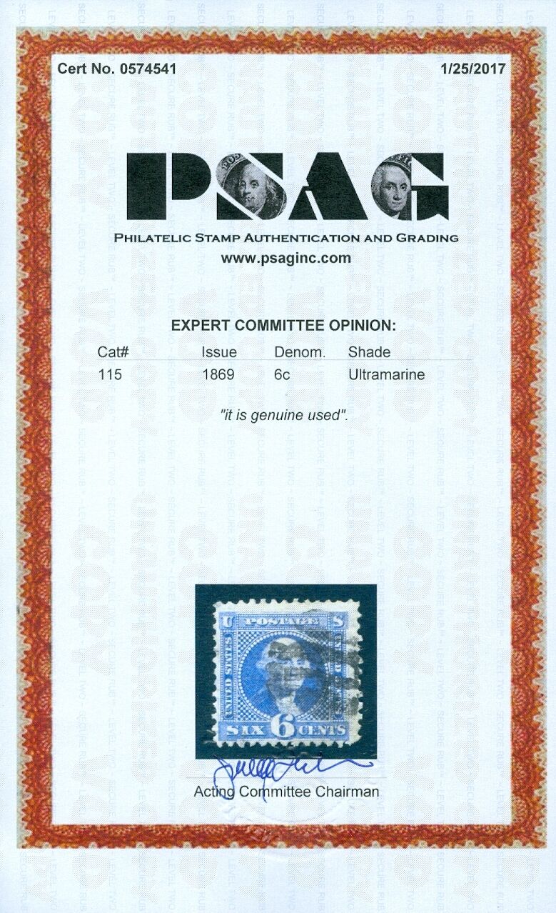 USA : 1869. Scott #115 Used. Nice stamp. PSAG Certificate. Catalog $225 ...