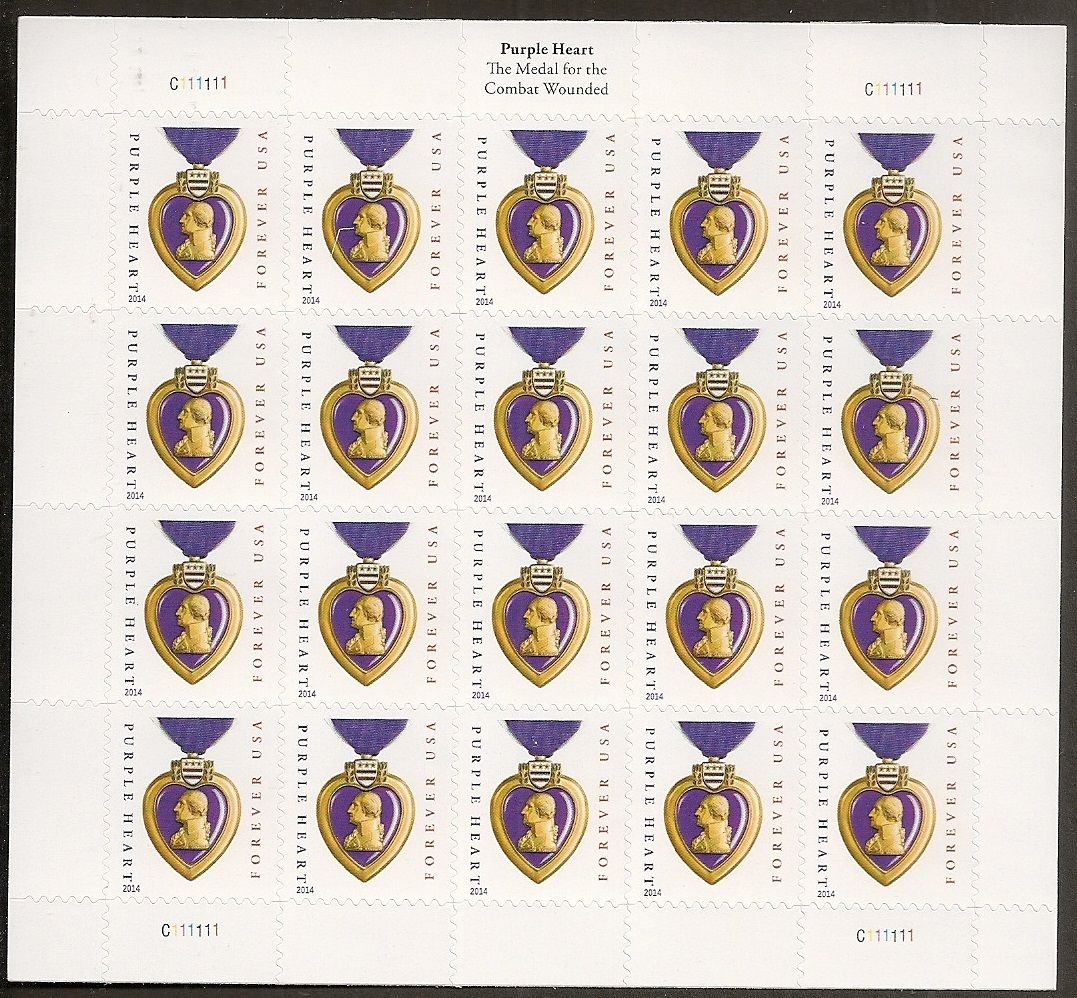 US 4704b Purple Heart Medal forever sheet C111111 (20 stamps) MNH 2014 ...