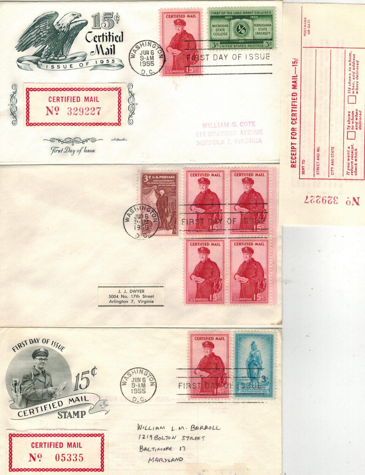 1955 US Certified Mail Stamp FA1 SET of 3 First DAY Covers With Receipt ...