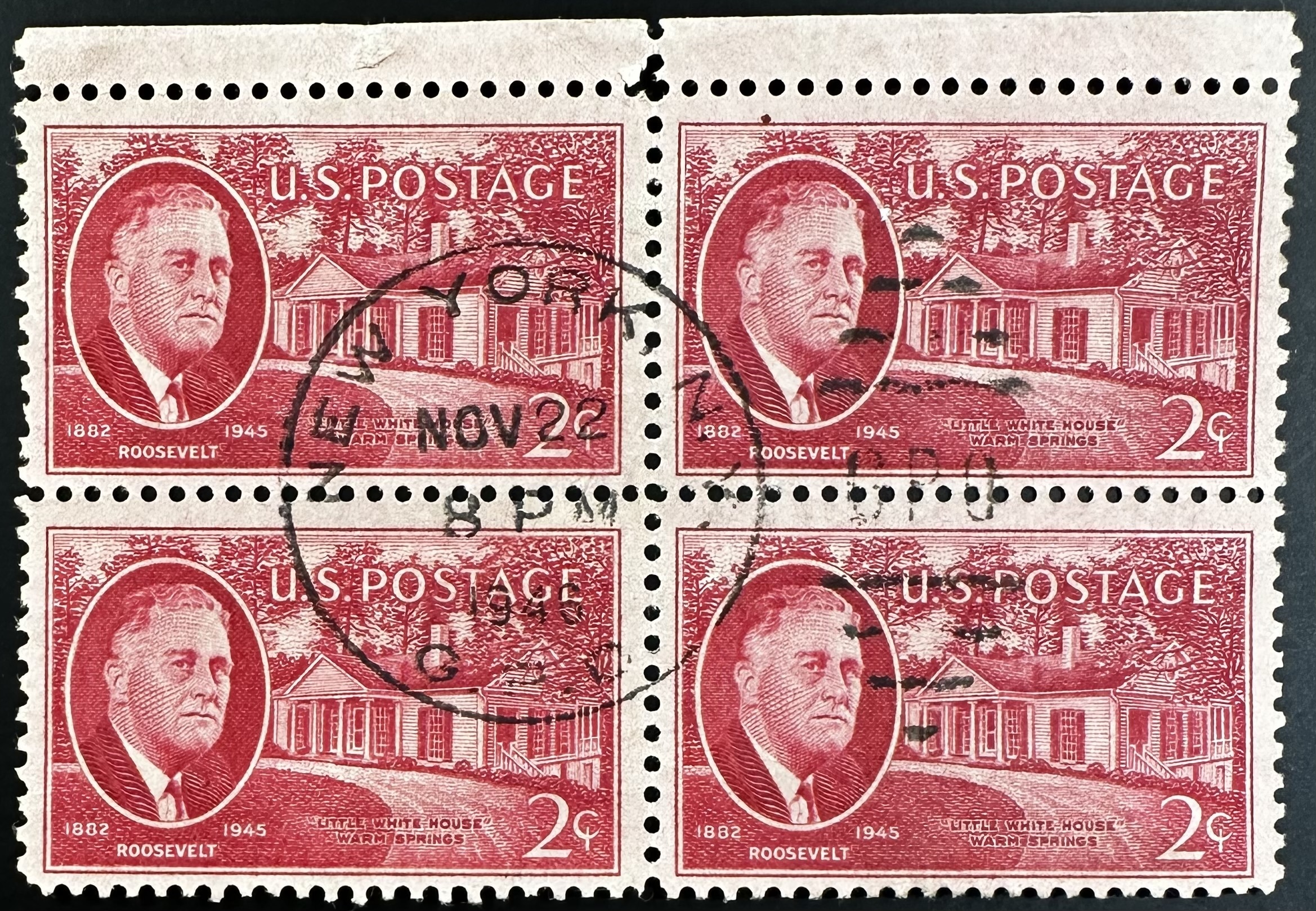 US #931 Used F/VF Block of 4 (Nice 1946 Cancel) - 2c Roosevelt 1945-46 ...
