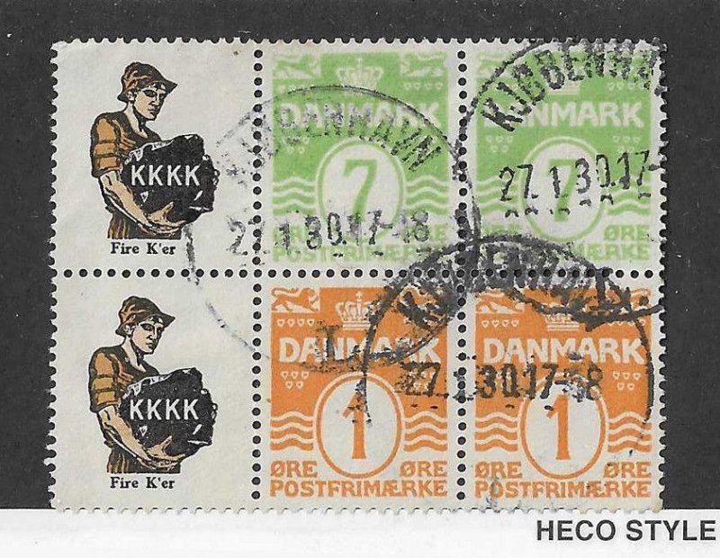 Denmark 1930 booklet pane of 4stamps and 2 advertising labels used VF ...