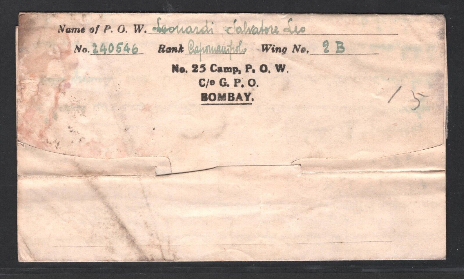 INDIA WW2 Italian POW *Camp 25* Air Cover 1944 Censor Letter Cisterna ...