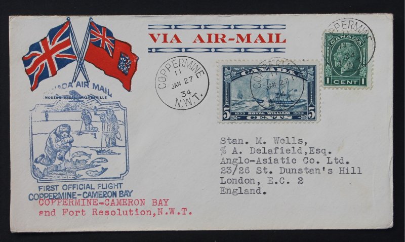 CANADA FIRST FLIGHT #195,204 COVER Coppermine N.W.T. to Cameron Bay 1 ...