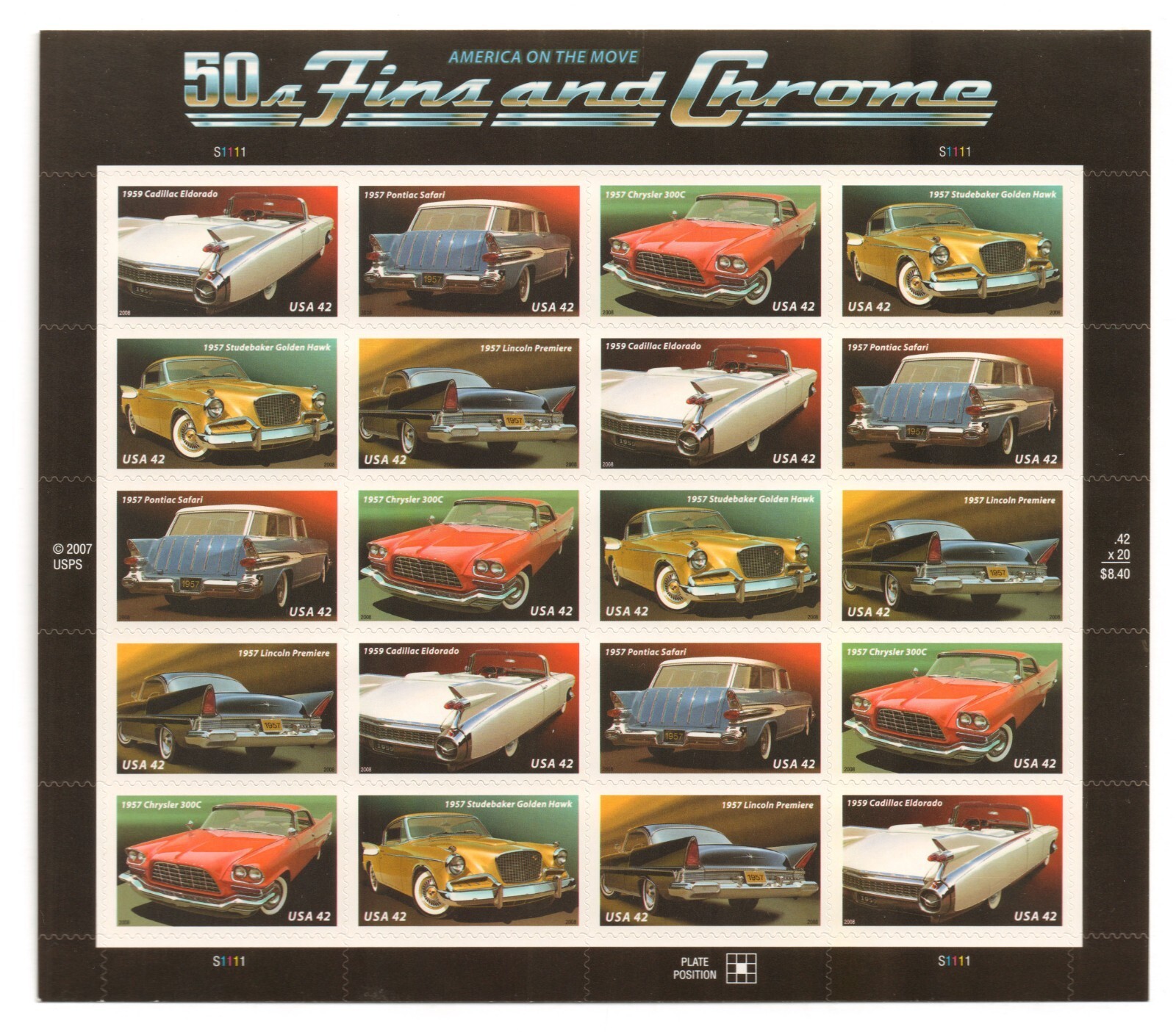 US 2008 # 4353-4357 / 4357a 50s Fins and Chrome MINT MNH Sheet Pane of ...