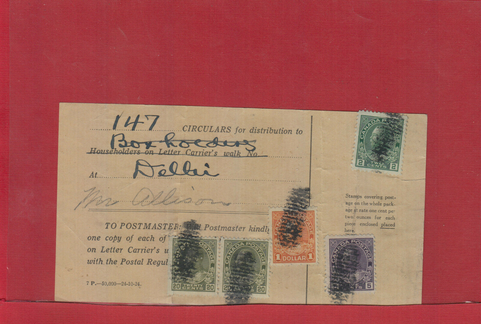 147 circular 5 stamp franking HOUSEHOLDER receipt $1.00++ | Canada ...