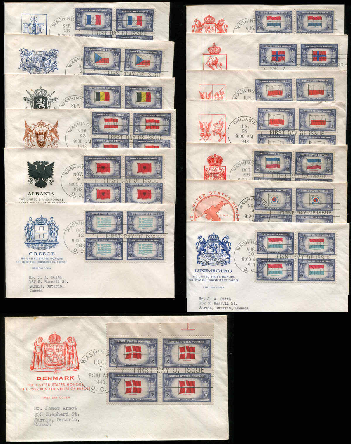 Scott #909-21, FDC Mallone #4 HF 1943-44 Blocks Overrun Countries Both ...