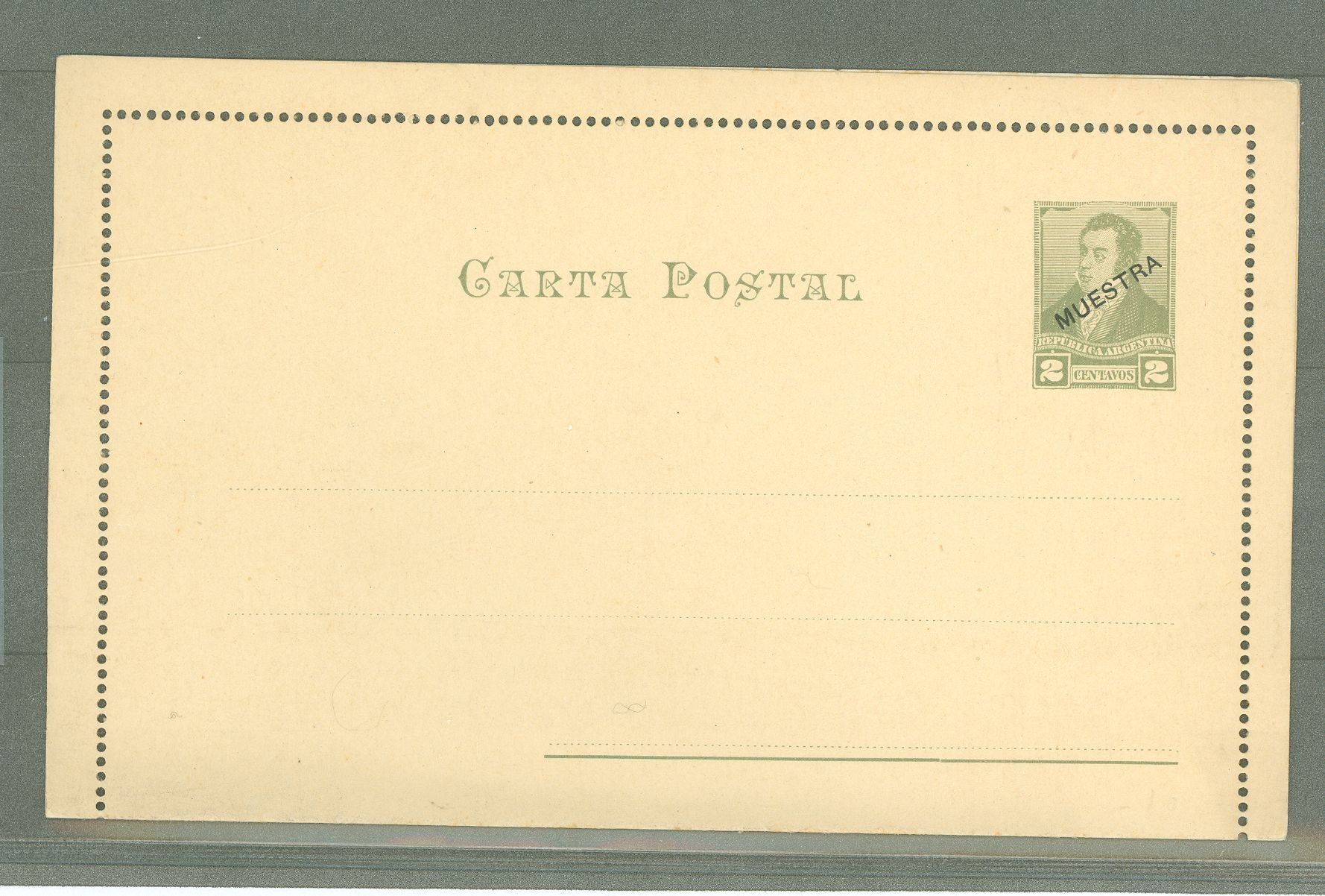 Argentina 1892 2c greyish green on cream; Muestra overprint, clean ...