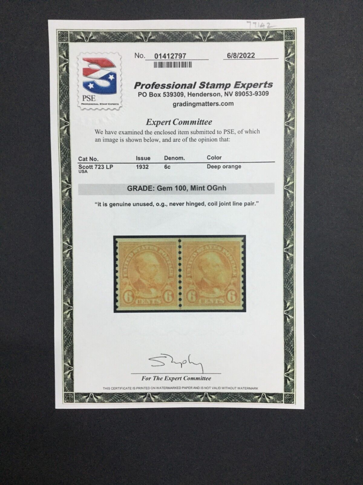 US Stamps #723 Line Pair Mint OG NH PSE Graded Cert Gem-100 LOT #70101 ...