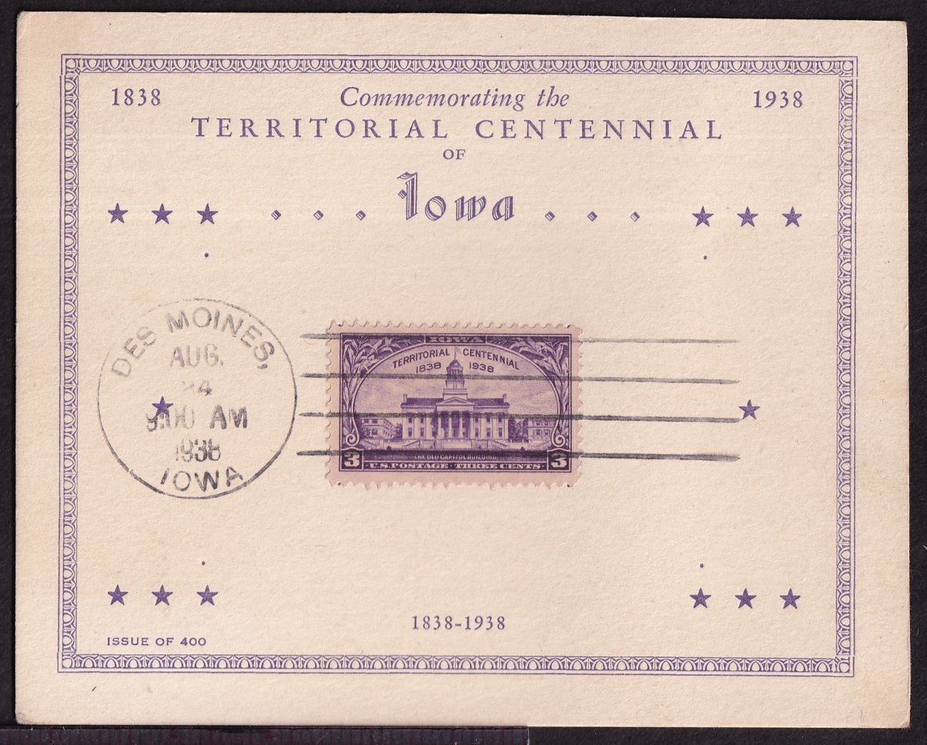 1938 IOWA centennial 100 years Sc 838-75a with Ferryman cachet on card ...