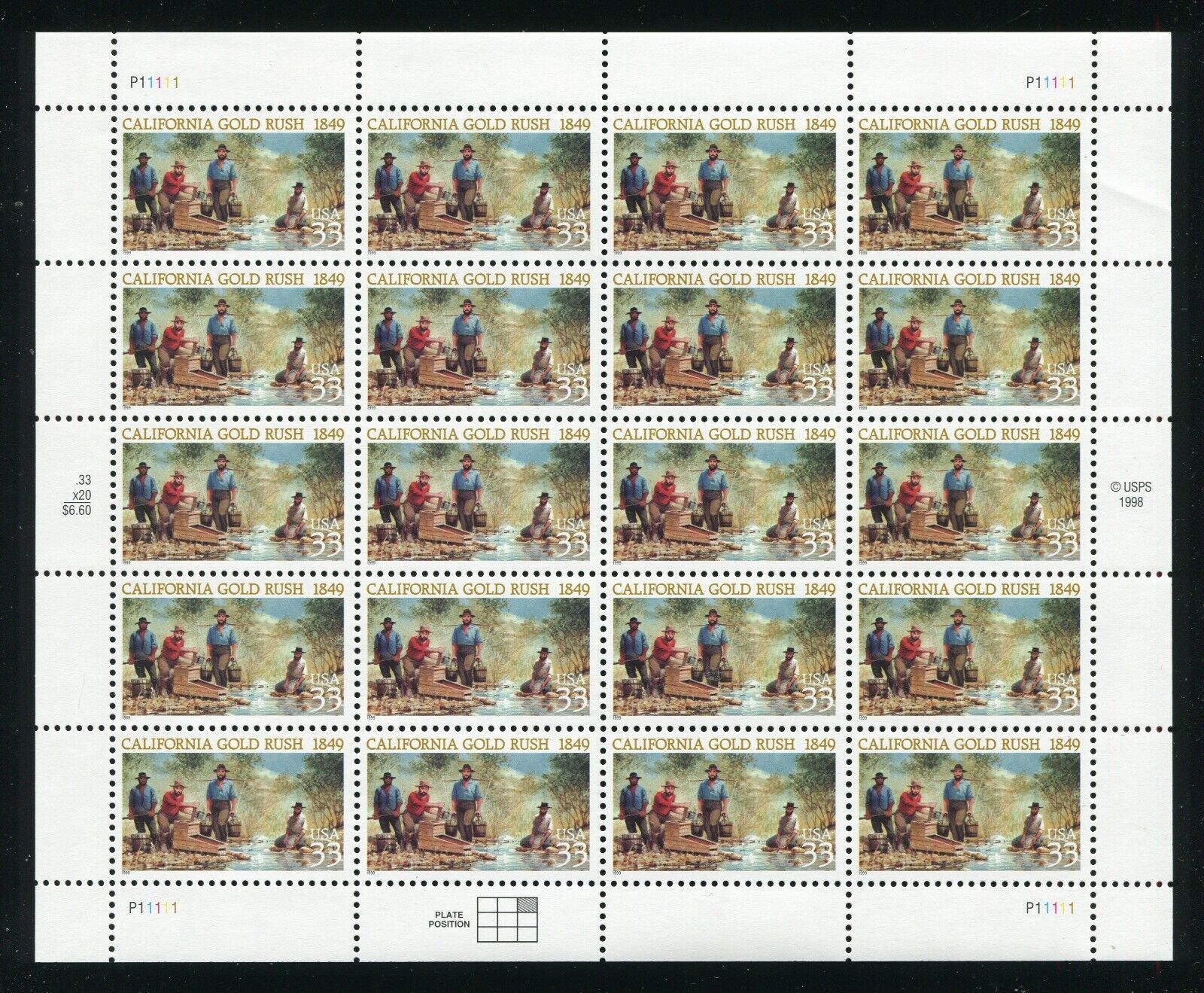 3316 California Gold Rush Sheet of 20 33¢ Stamps MNH 1999 | United ...