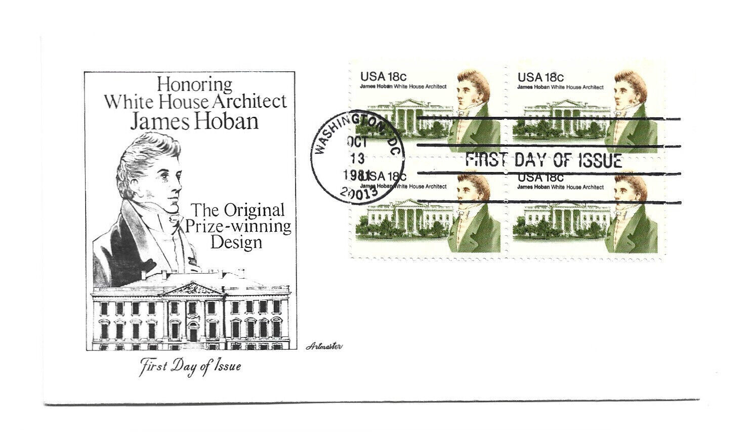1935 18c James Hoban Artmaster block of 4 FDC | United States, Stamp ...