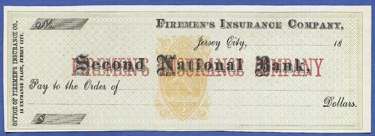 US Bank Check, Sc RN-B1, Unused Firemen's Insurance Company, Jersey ...