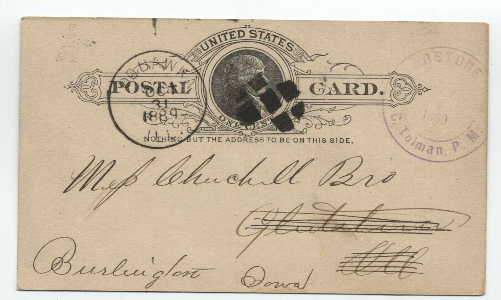 1889 Gladstone IL postmaster cancel as forwarding marking postal card ...