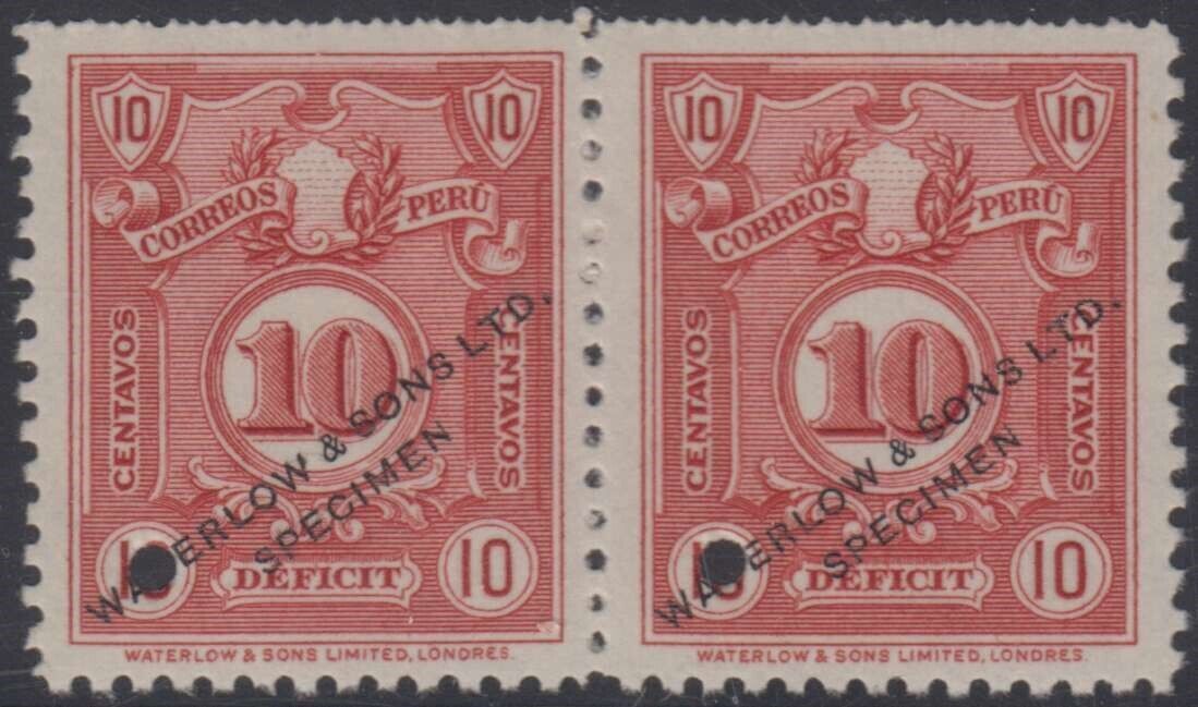 Peru 1936 Postage DUE Sc J56 TOP Value Pair Proof Unissued Color ...