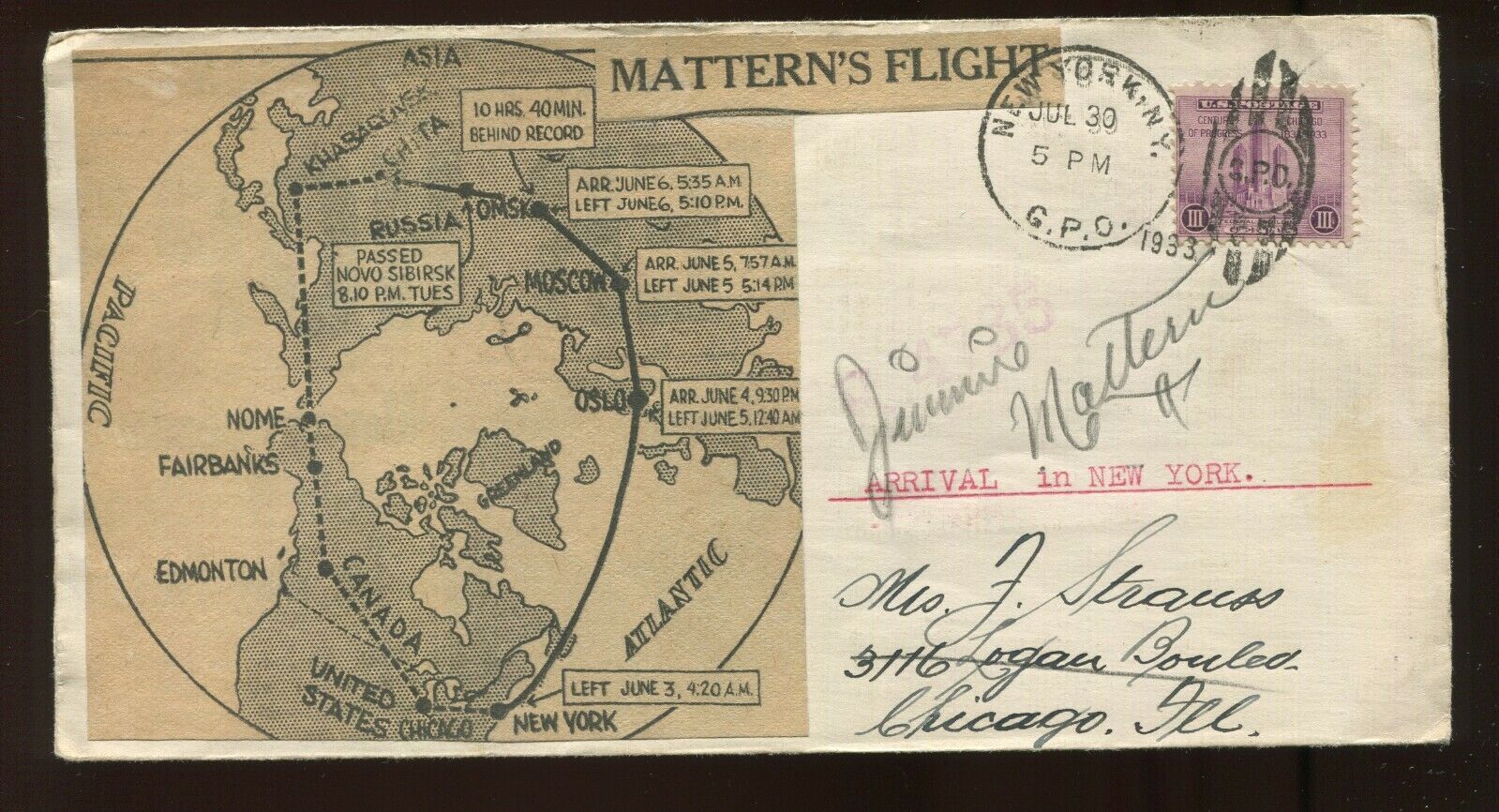 Pilot Jimmy Mattern Signed 1933 Commemorative Flight Cover (923 a ...