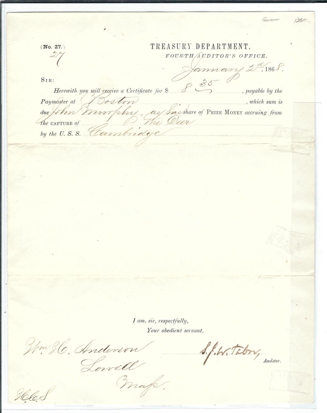 1868 Civil War Prize Money accrued Awarded to John Murphy, USS ...