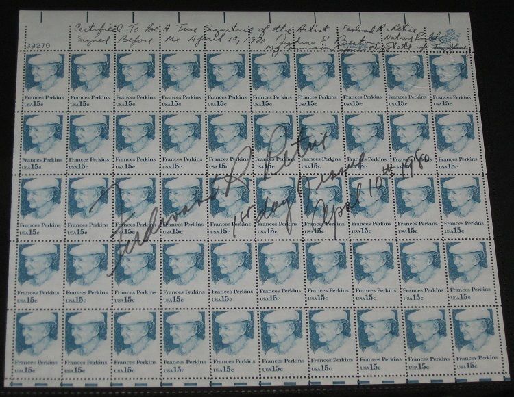 US #1821 15¢ Frances Perkins, Complete sheet of 50, signed by artist ...
