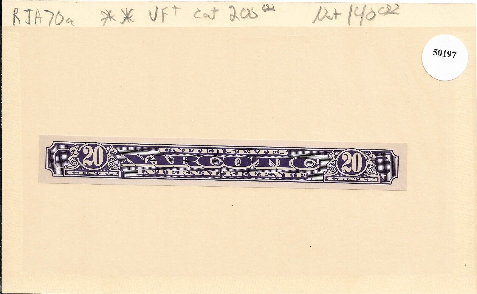 20c Narcotic tax Stamp, Sc #RJA70a, MNH (50197) | United States ...