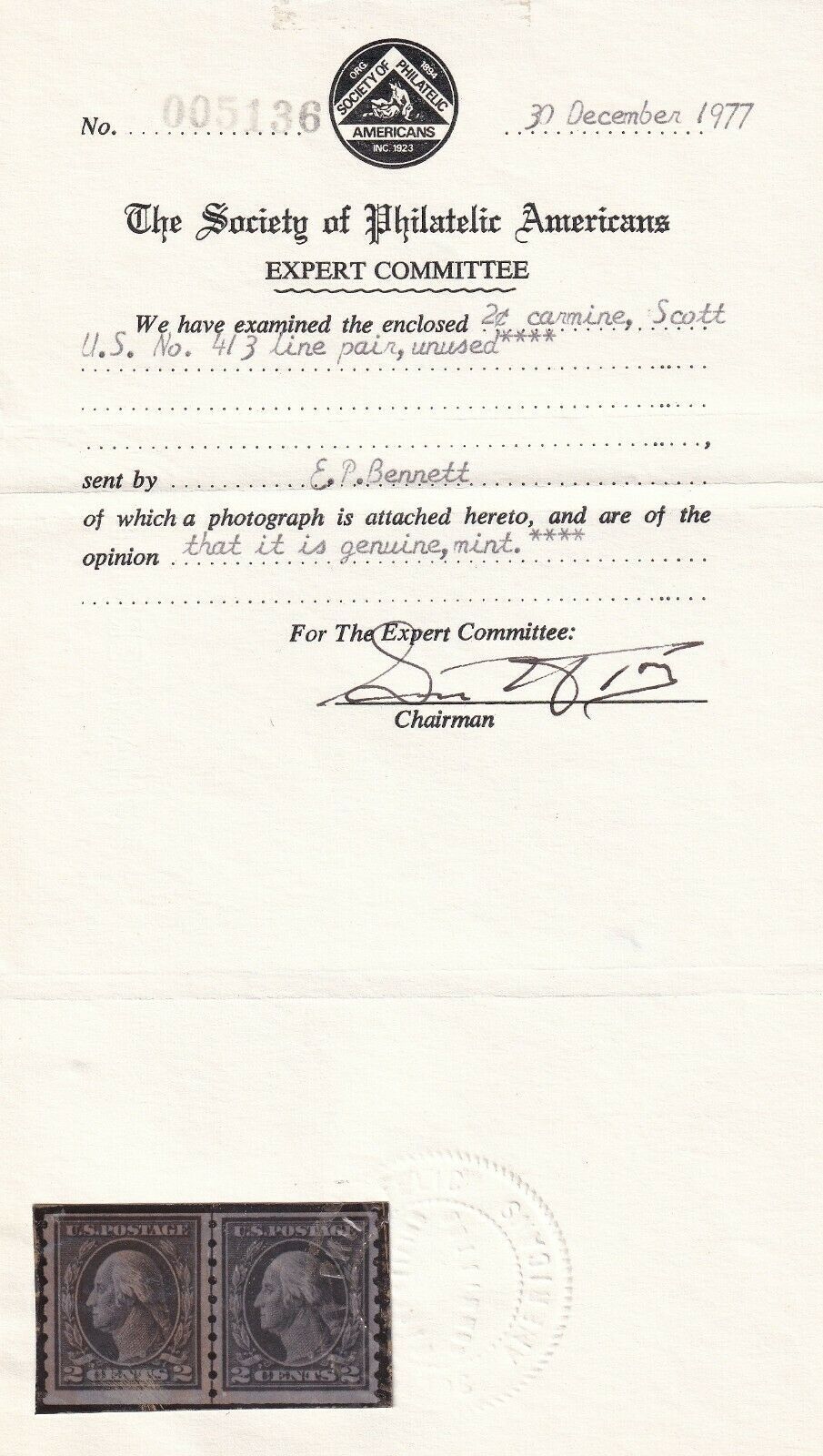 413 Line pair SPA cert F-VF OG never hinged with nice color ! see pic ...