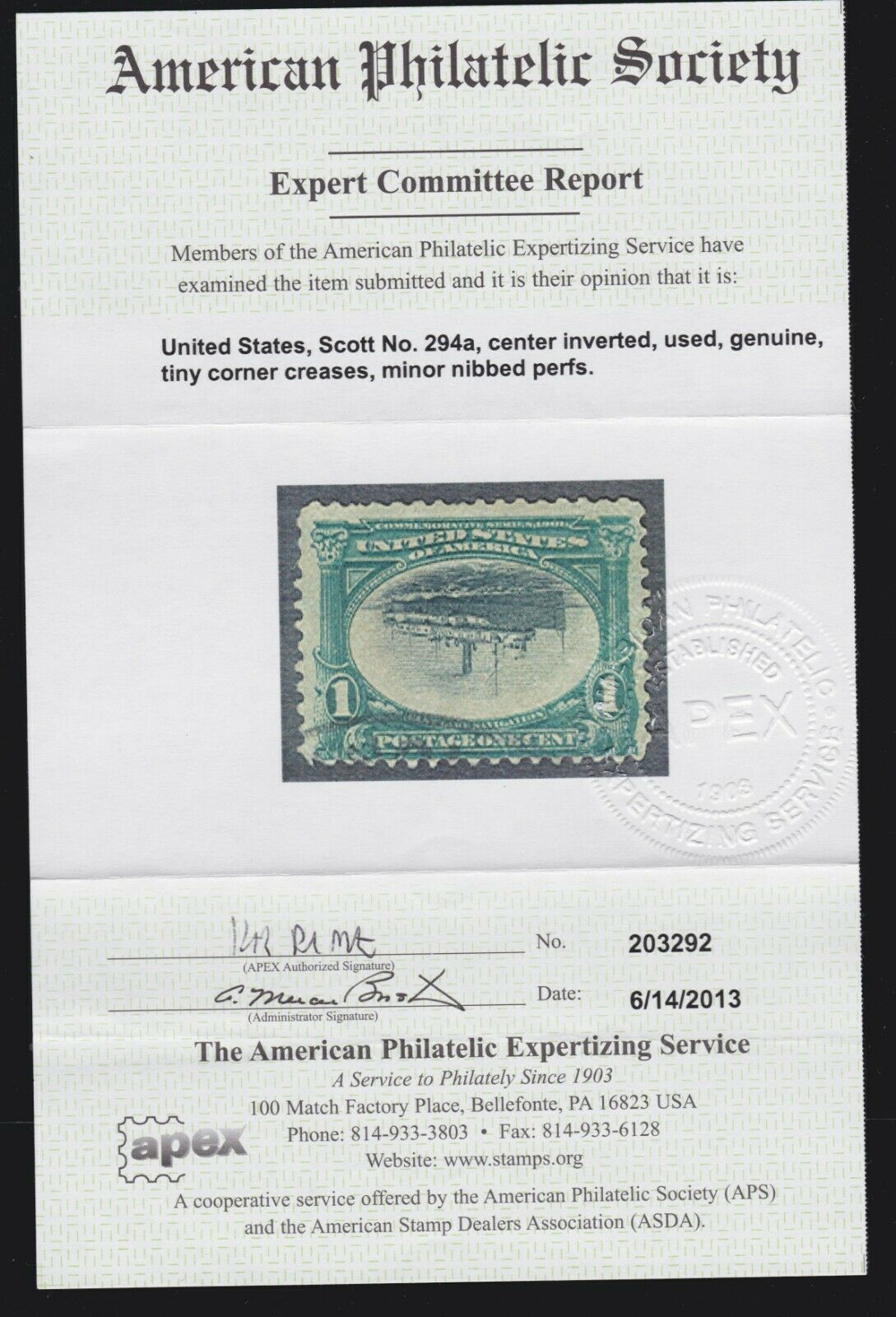 US 294a 1c Pan-American INVERTED CENTER ERROR w/APS Cert F-VF appr SCV ...