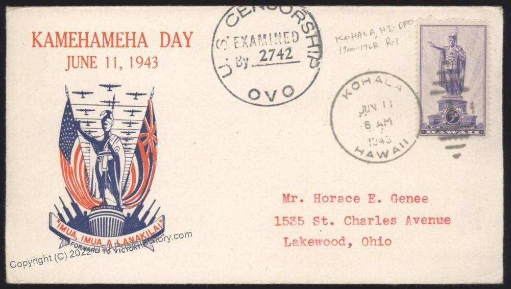 Hawaii USA 1943 KOHALA DPO Patriotic WWII Censored Territorial Mail ...