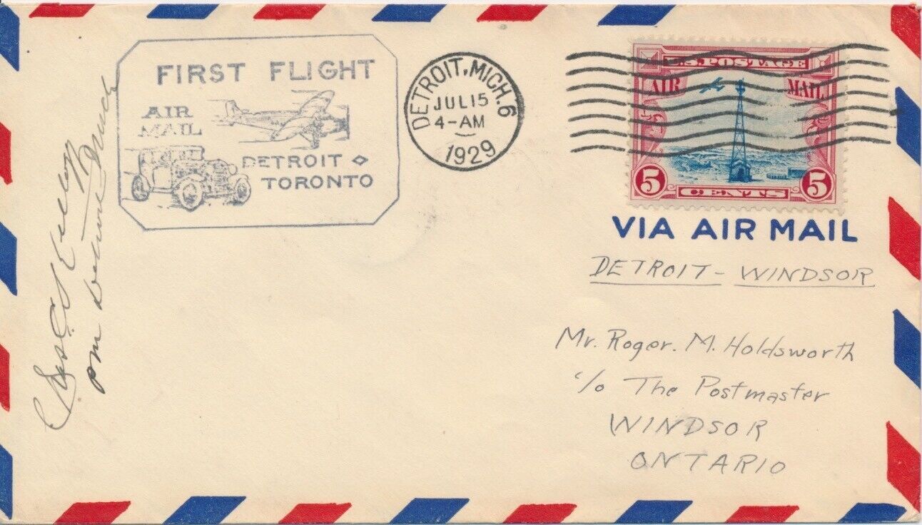 First Flight Air Mail Detroit Michigan to Ontario Canada #C11 5c Beacon ...