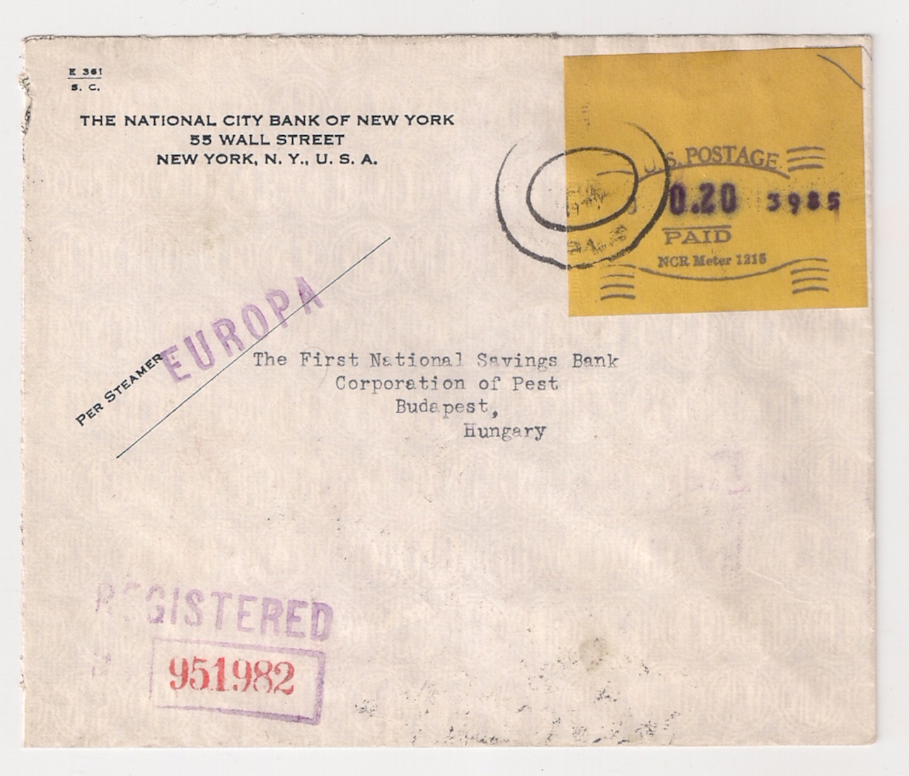 1934 (early) usage of NCR METER stamp on Registered Sea Mail cover to ...