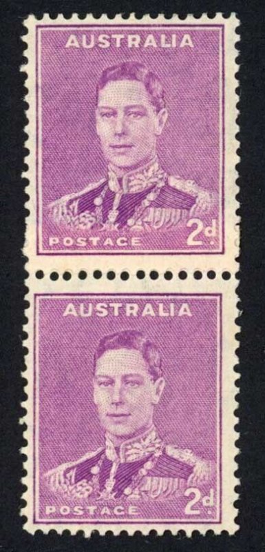 Australia 1937-49 SG 185 2d bright purple P14x15 COIL JOIN PAIR mint c ...