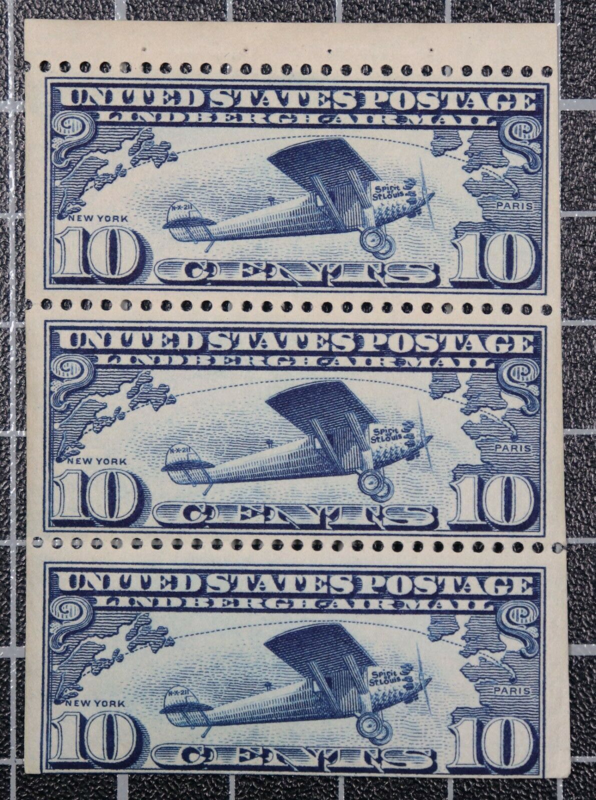 Scott C10a - 10 Cents Lindbergh - OG MH - Booklet Pane Of 3 SCV - $70. ...