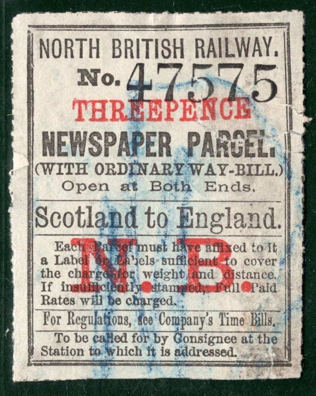 GB Scotland NBR RAILWAY Newspaper Parcel Stamp 3d North British Used ...