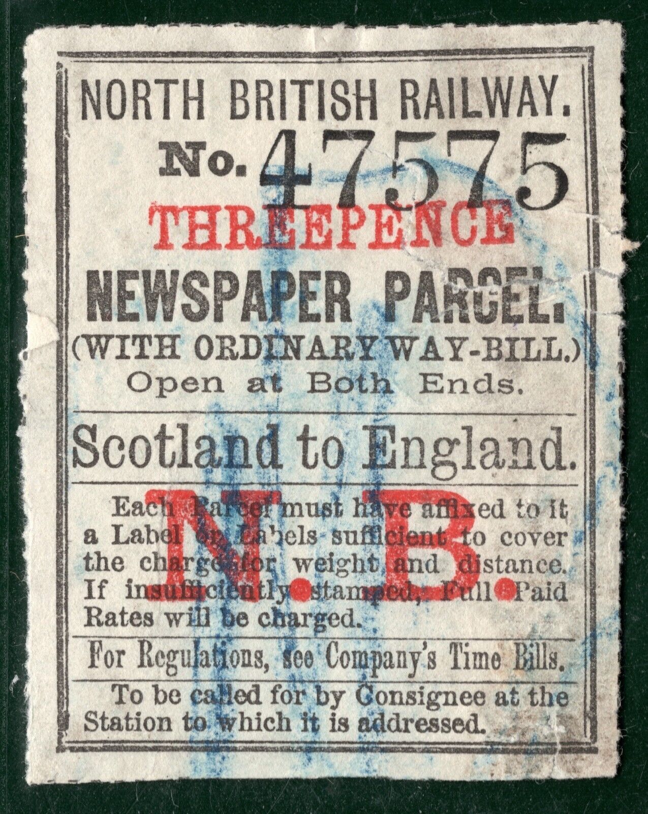 GB Scotland NBR RAILWAY Newspaper Parcel Stamp 3d North British Used ...