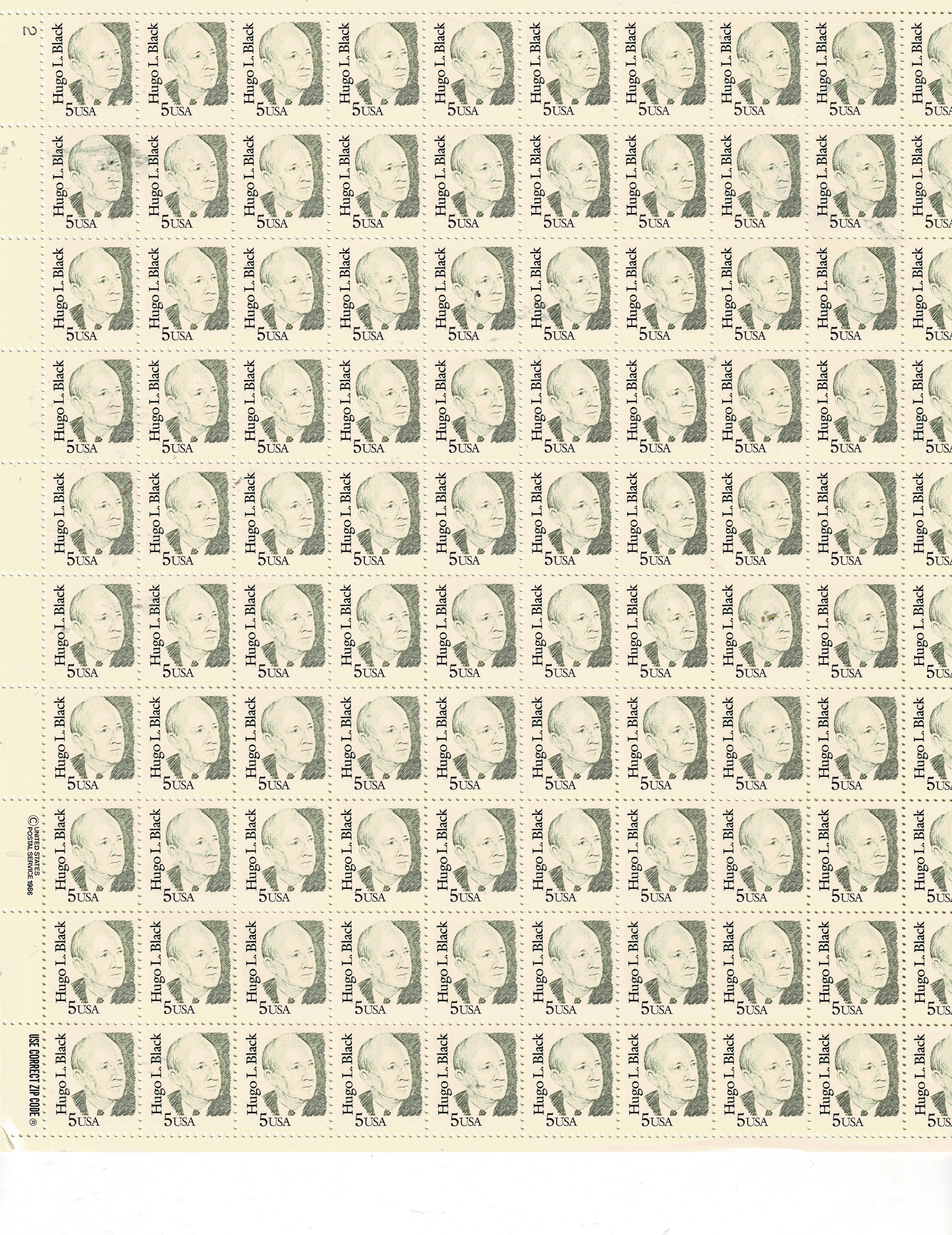 Great American Hugo Black Poltician 5c US Postage Sheet of 100 stamps ...