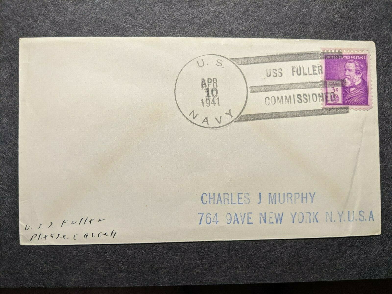USS FULLER APA-7 Naval Cover 1941 COMMISSIONED / HipStamp
