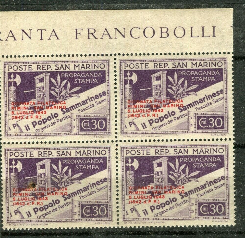 SAN MARINO; 1942 early Filatelica Rimini Optd. issue Mint Block ...