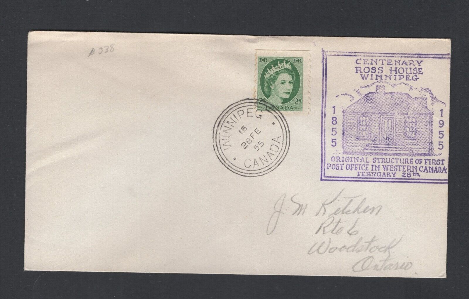 Canada #345 (1954 2c Wilding coil) on 1955 Ross House (Winnipeg) cover ...