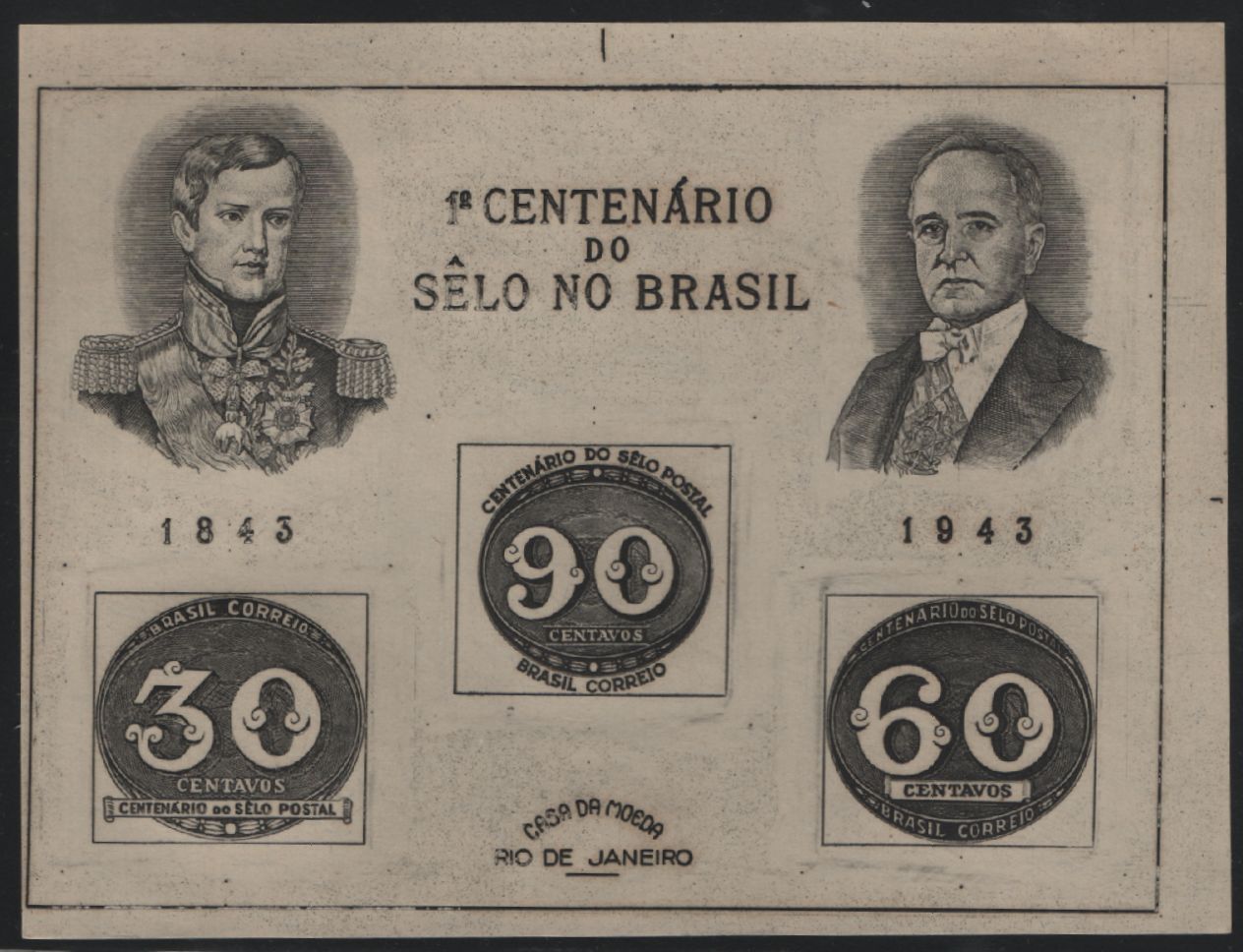 Brazil 1943 MNH Sc 612 Centenary of Brazilian Stamps Imperf | Central ...