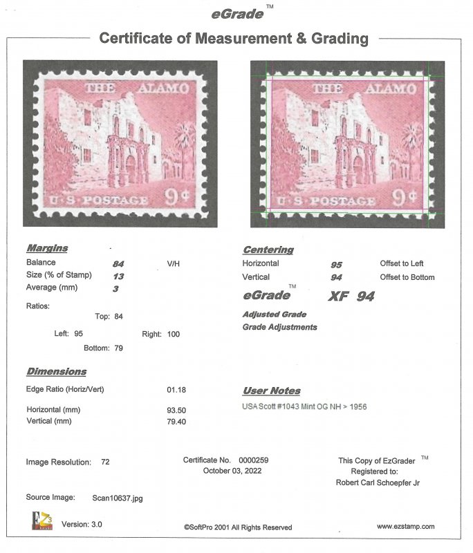 1043 9 cents The Alamo Stamp Mint OG NH EGRADED XF 94 XXF | United ...