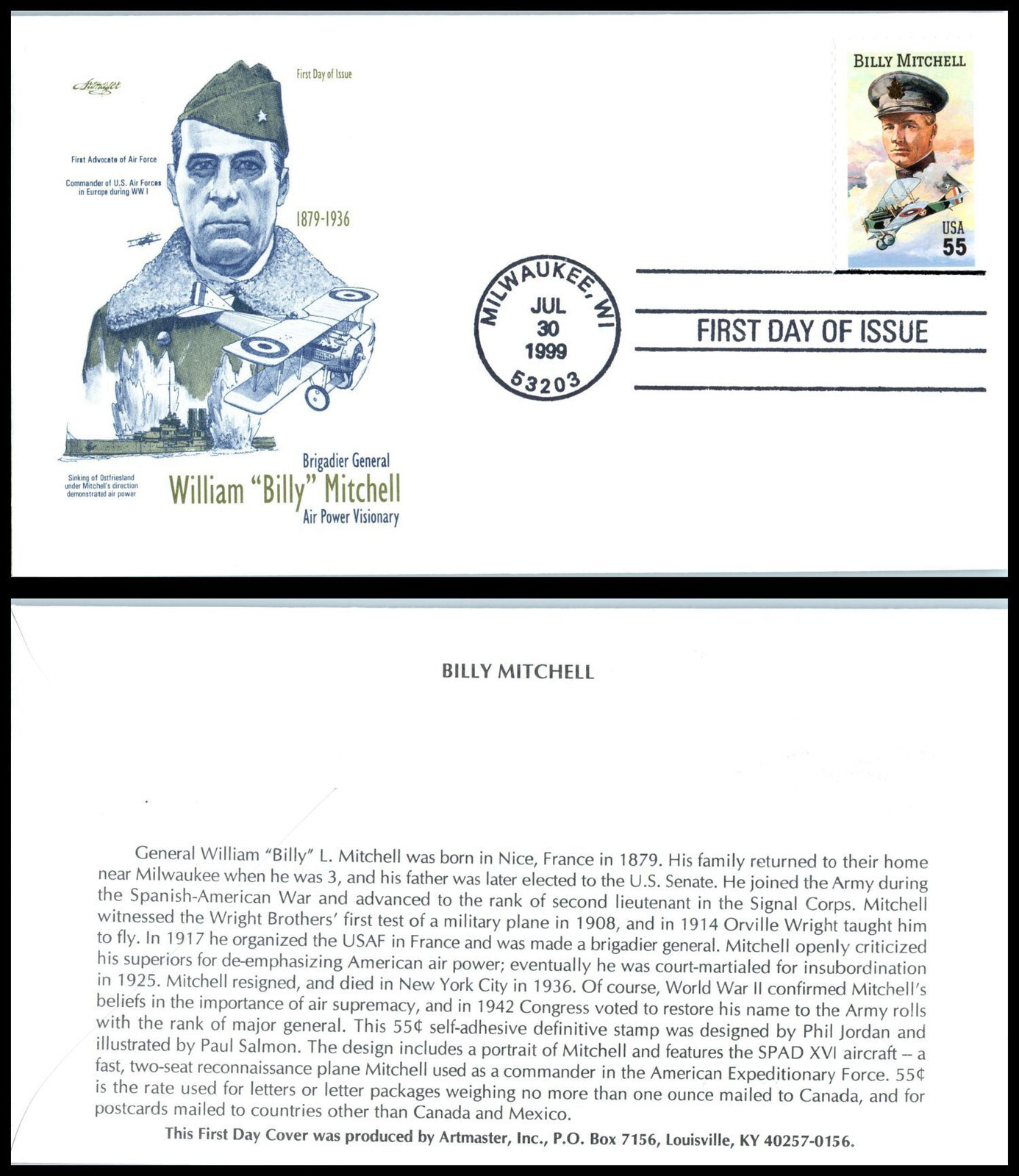 1999 General Billy Mitchell WWI aviator Sc 3330 33c FDC with Artmaster ...