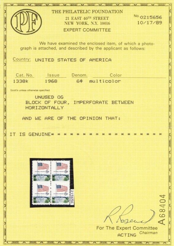1338k, Mint 6¢ Imperforate Between ERROR Pair With PFC Certificate ...