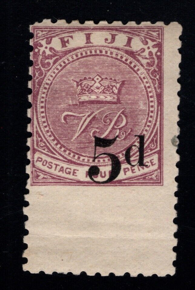Fiji Scott 51 MH* 1892 surcharged stamp, Huge Bottom margin, rarely ...
