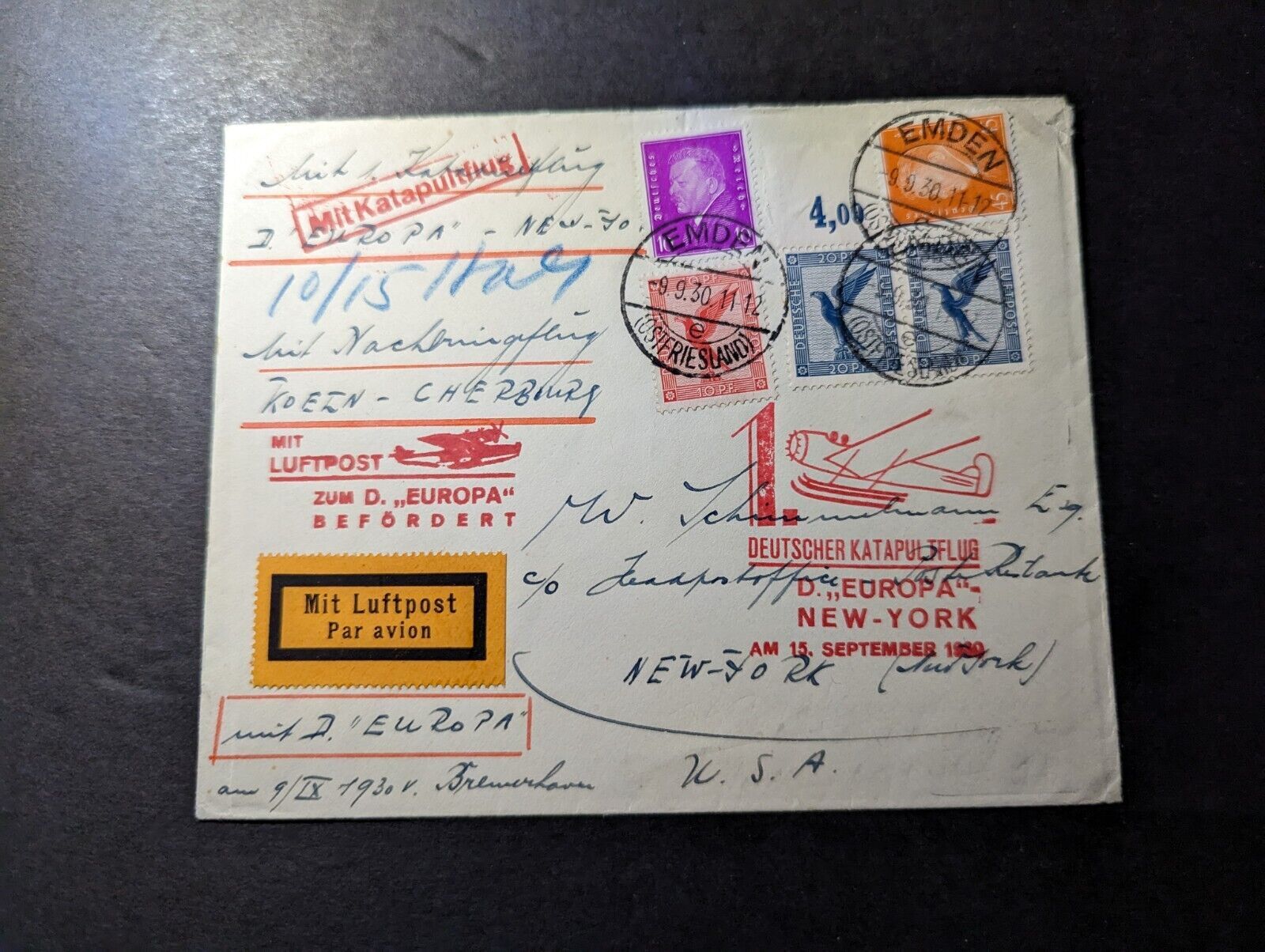 1930 Germany Airmail Aviation Catapult Cover Emden to SS Europa to ...