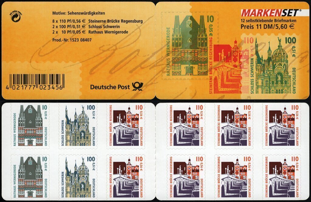 Germany 2001,Sc#1666a MNH, self-adh. booklet, Historic Sites Mark/euro ...
