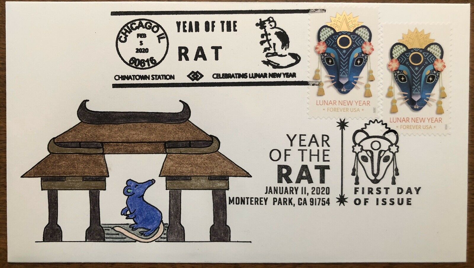 Year Of The Rat 2020 FDC Hand Drawn Cachet Chinatown Station Special ...
