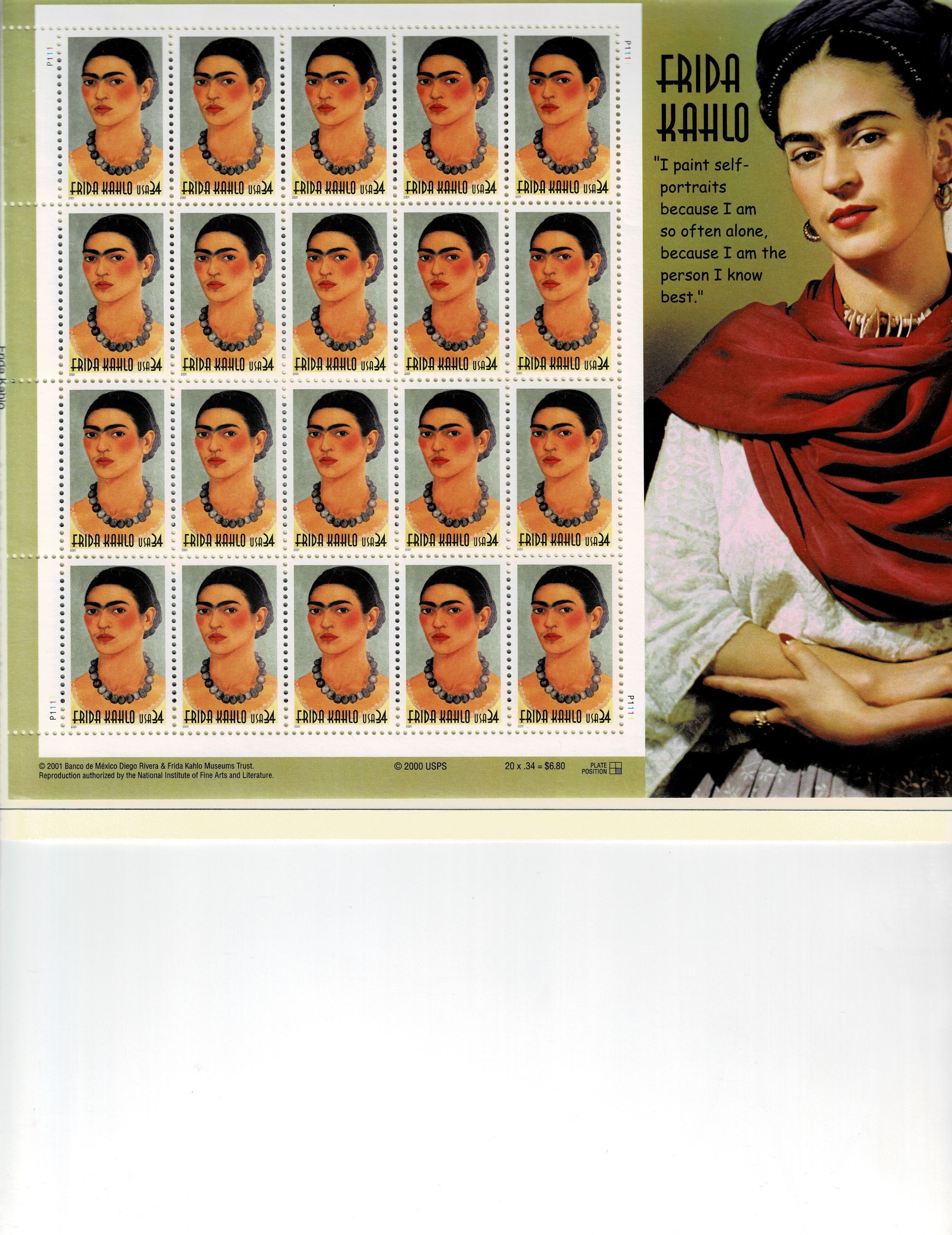 Frida Kahlo Painter 34c Postage Sheet #3509 MNH | United States ...
