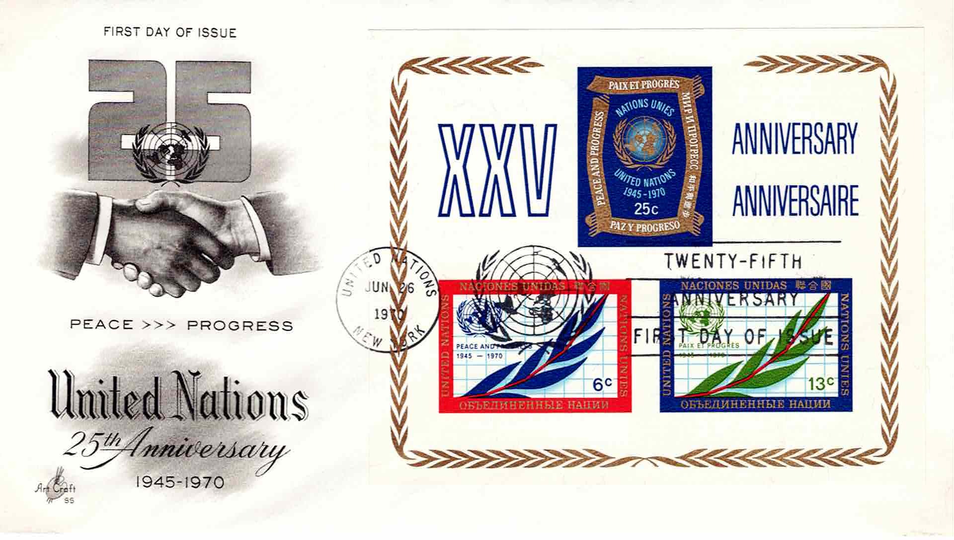 United Nations 1970 FDC Sc 212 Artcraft Cachet UN 25th Anniversary ...