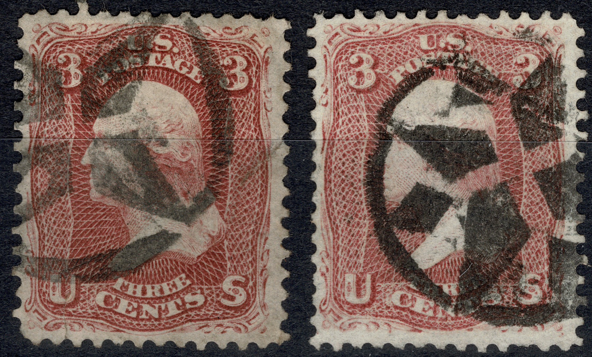 US #65 - FANCY CANCELS - 6 examples of different GEOMETRIC cancels ...
