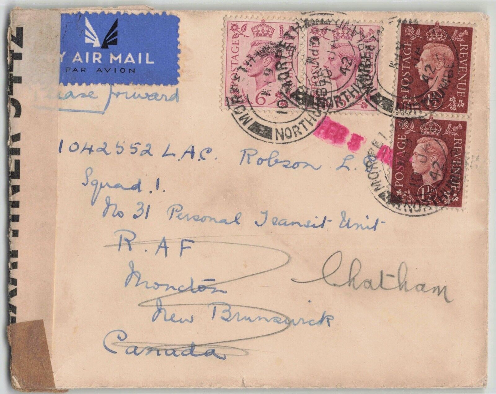 Canada 1942 WWII Forwarded Military Cover UK to RAF Moncton to Chatham ...