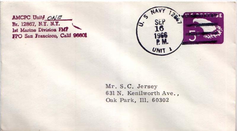United States Marine Corps 5c Eagle Envelope 1966 U.S. Navy 12867, Unit ...