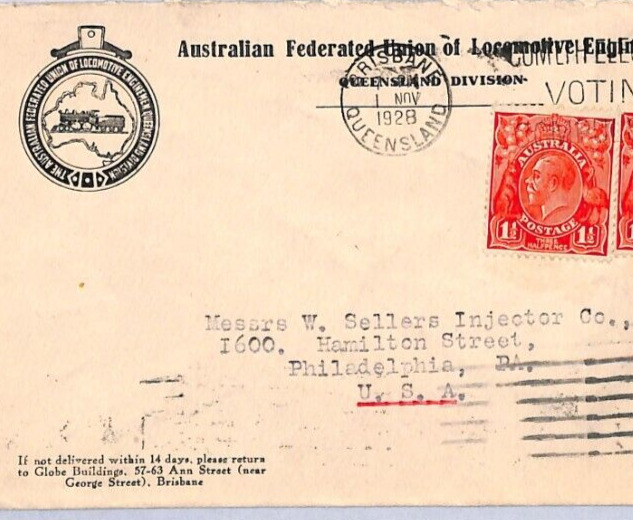 Australia KGV Sideface Cover 1928 Railway Brisbane *Locomotive ...